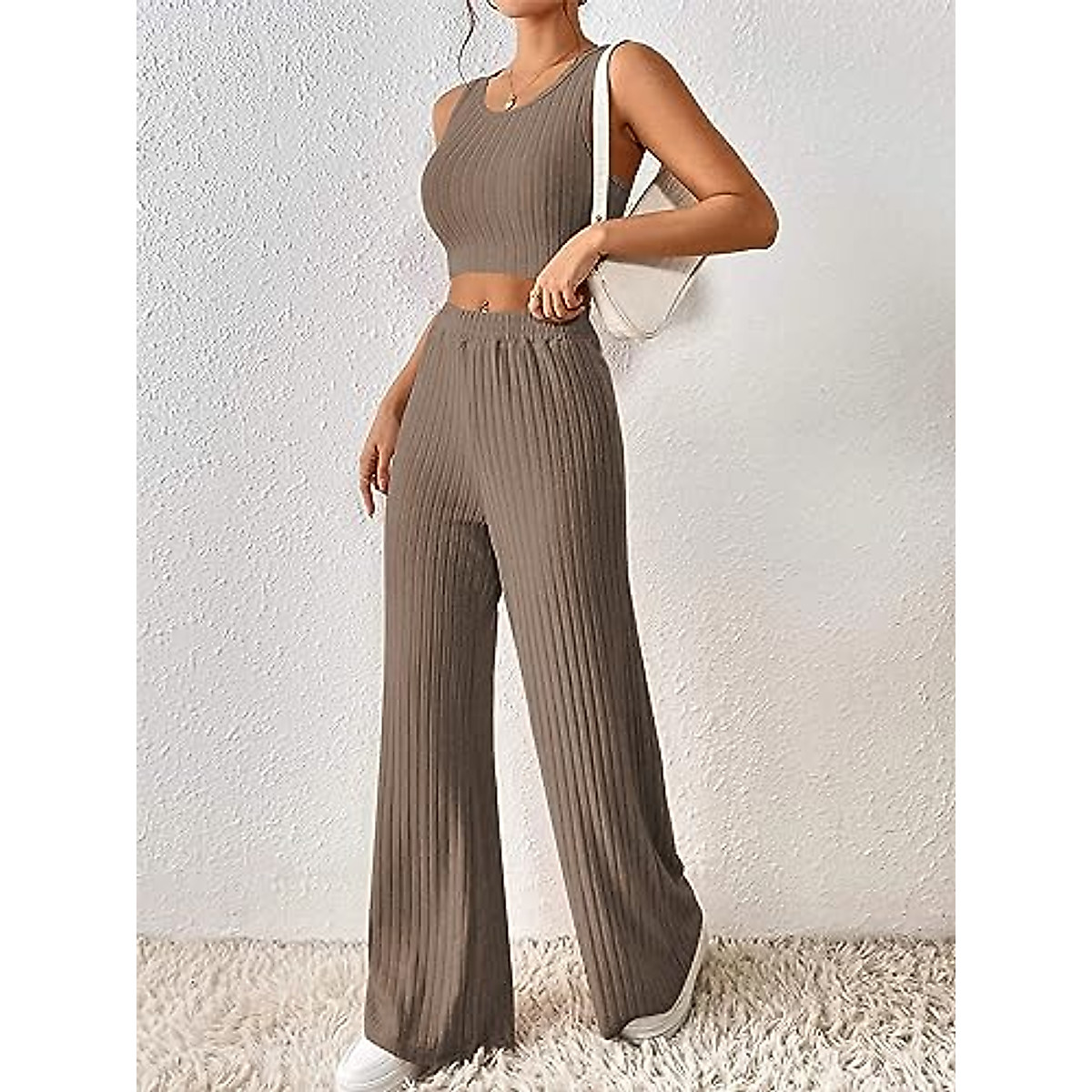 ZAFUL Women Two Piece Pajamas Set Solid Ribbed Knit Crop Tank Top Wide Leg Pants Loungewear Set