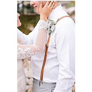 London Jae Apparel Brown Faux Leather Suspenders for Men, Groom, Groomsmen attire, Rustic Wedding Outfits (35”-67" fits up to 6’8) (Adult, Caramel Brass)