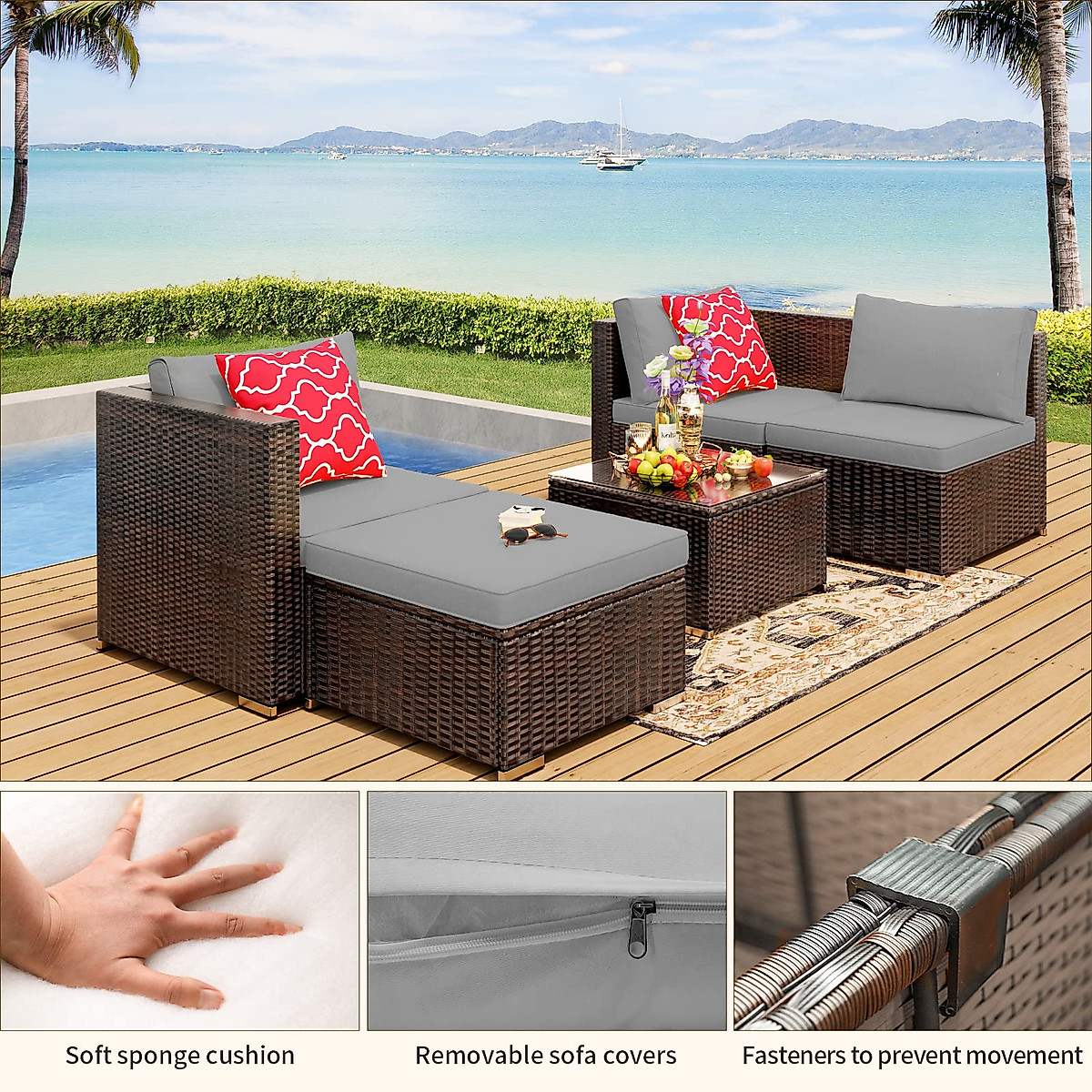 Qsun Outdoor Patio Sofa Set PE Wicker Rattan Sectional Conversation Sofa with a Glass Coffee Table for Backyard Porch Poolside Patio(Brown Rattan, Grey Cushion)