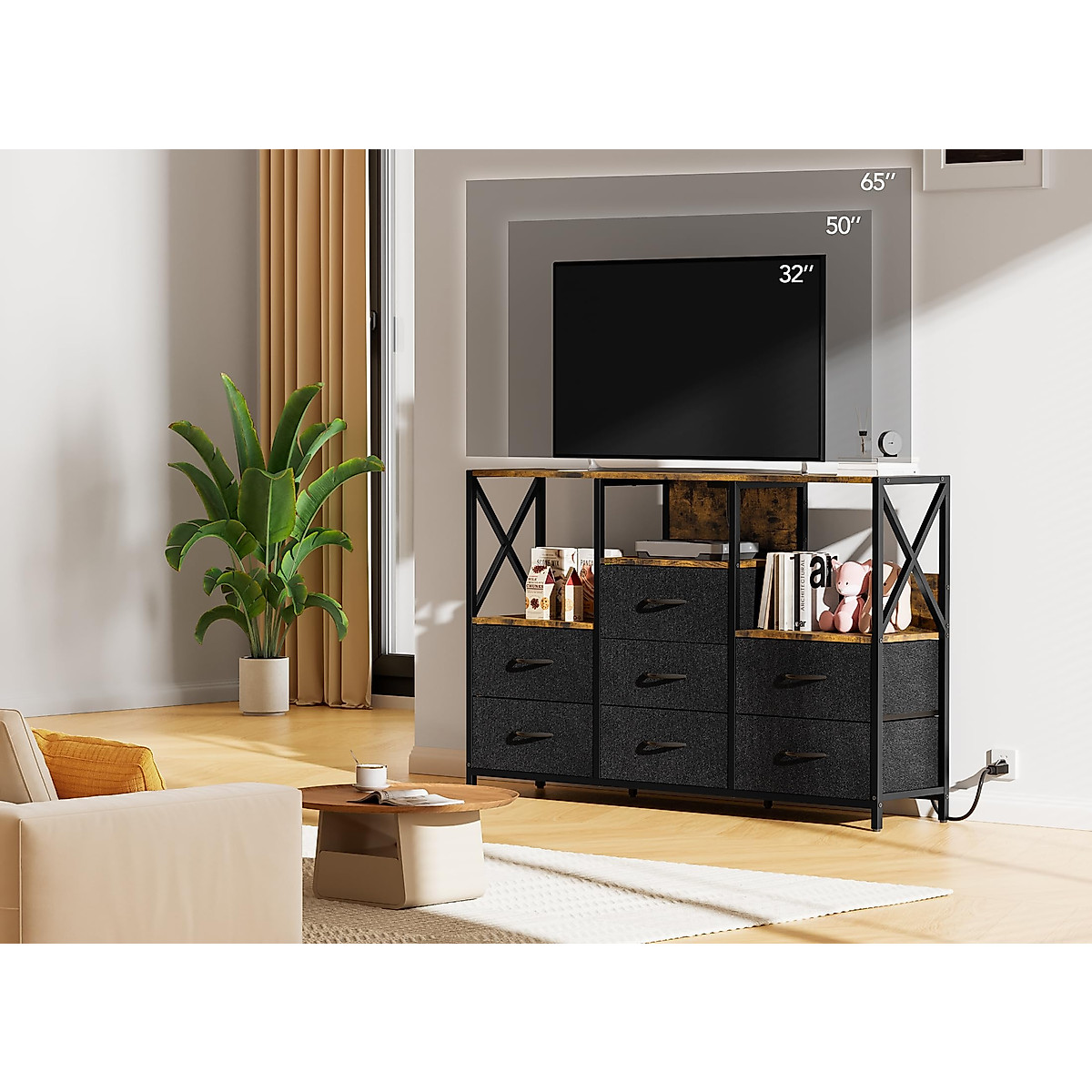 Black Dresser for Bedroom, 53" Dresser TV Stand with LED Light and Power Outlets, 7 Drawers Dressers, Fabric Chest of Drawers with Open Shelf, Large Dressers for Bedroom, Living Room