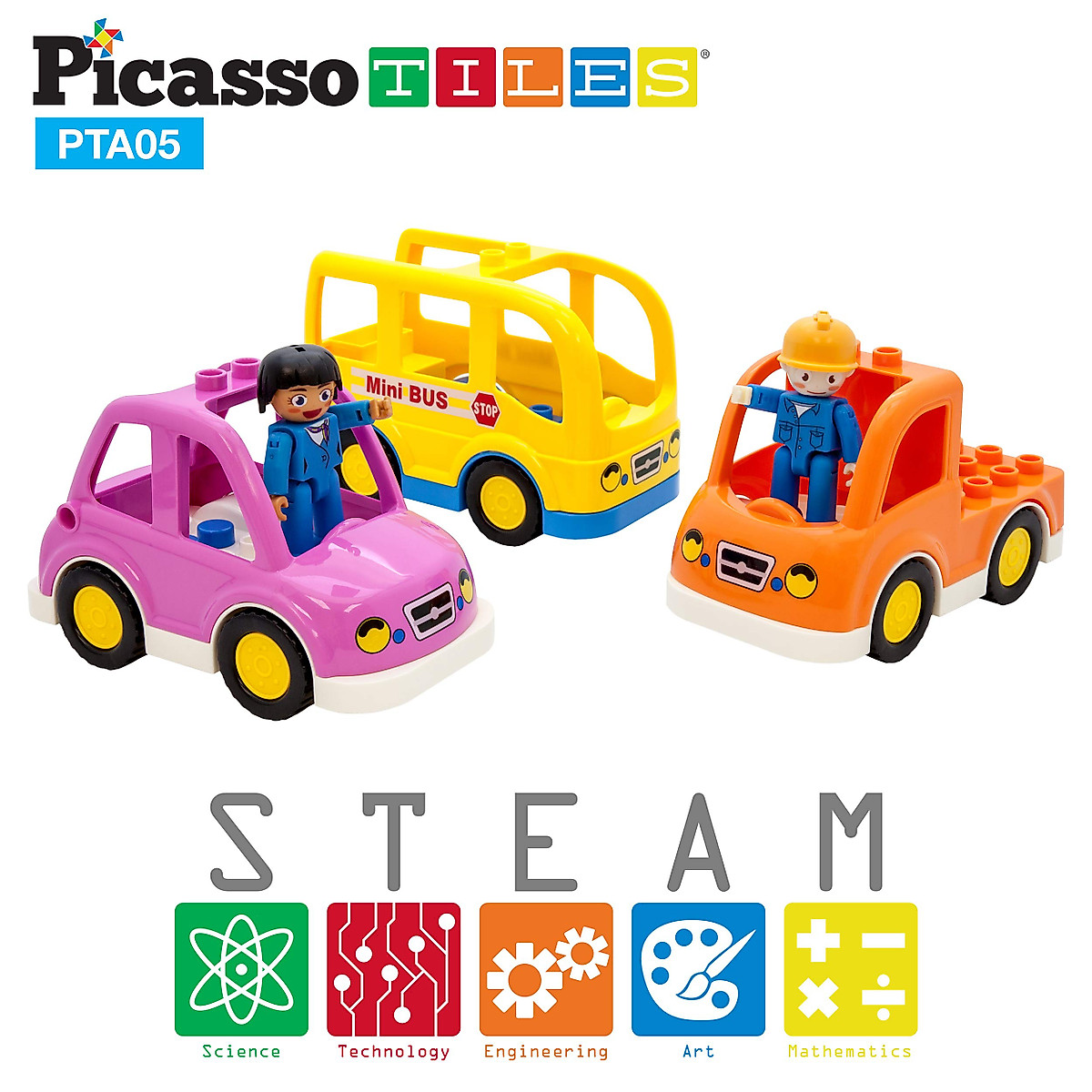 PicassoTiles Magnetic Figures 5 Piece Vehicle and Action Figure Set Including School Bus, Car, Truck and 2 Drivers Magnet Expansion Pack Toddler Toy Kit Pretend Playset for Construction Building Block