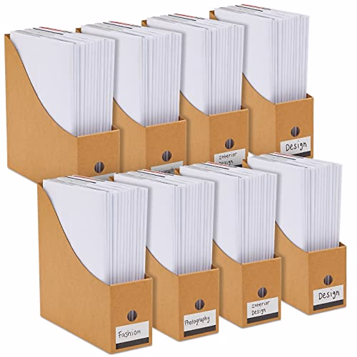 Juvale 8 Pack Kraft Paper Material Cardboard Magazine Holder with Labels for Bookshelf, Desktop File Organizer for Documents (3.5 x 10.2 x 10.6 In)