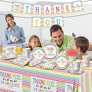142Pcs Thanksgiving Paper Plates and Napkins Sets Thank You Party Decorations We Appreciate You Plates and Napkins Set with Cups Tablecloth and Banner Appreciation for Employee Teacher Doctor Parents