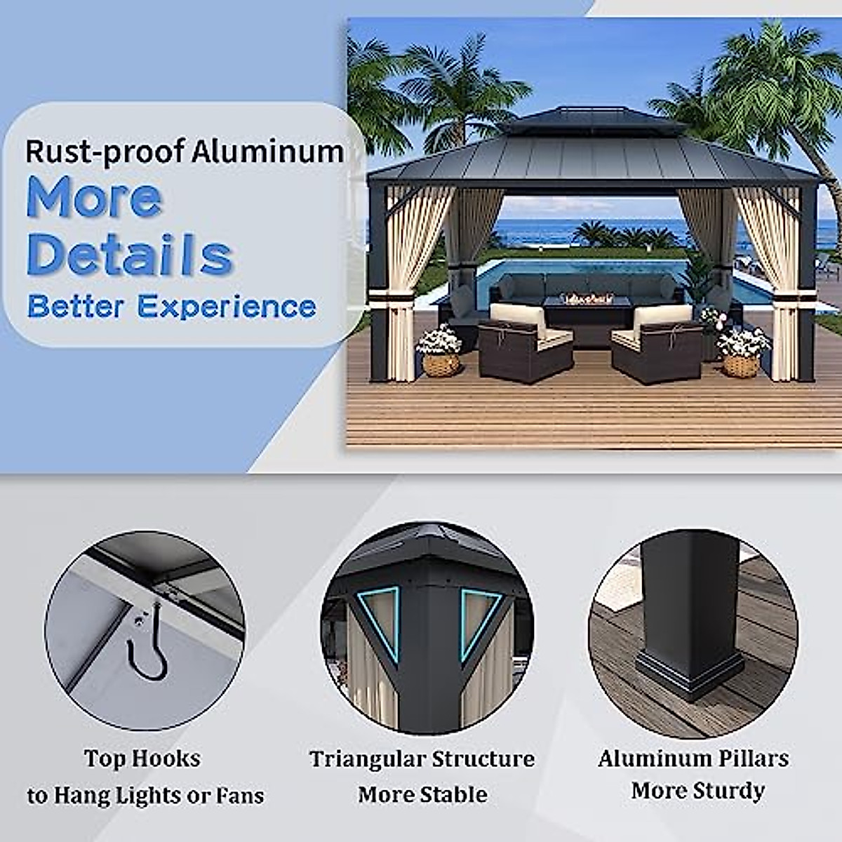 ALAULM 12' x 14' Hardtop Gazebo, Outdoor Patio Aluminum Gazebo with Aluminum Double Roof, Permanent Pavilion w/Curtains and Netting for Backyard, Patio, Deck, Garden-Sand