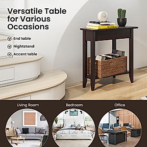 GOFLAME 2-Tier Wedge End Table, Narrow Triangle Side Table with Storage Shelf, Solid Wood Legs, Nightstand, Recliner Wedge Table for Living Room, Bedroom, Small Space, Espresso