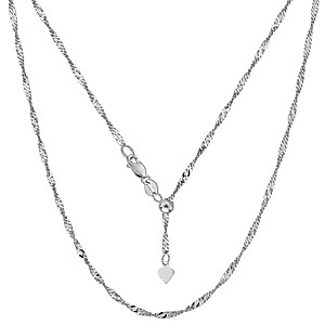 Jewelry Affairs 14k White Real Gold Adjustable Singapore Link Chain Necklace, 1.15mm, 22"
