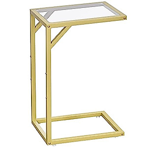 Homhedy C Shaped End Table,Tempered Glass with Metal Frame, Small Side Tables for Living Room, Bedroom, TV Tray Table for Small Space, Modern Style, Golden
