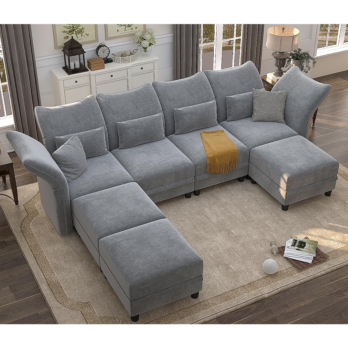 LLappuil Chenille Sectional Couch U Shaped 7 Seater Deep Modular Sectional Sofa with Storage and Adjustable Armrest Backrest, Large Sectional Sleeper Sofa Set, Grey