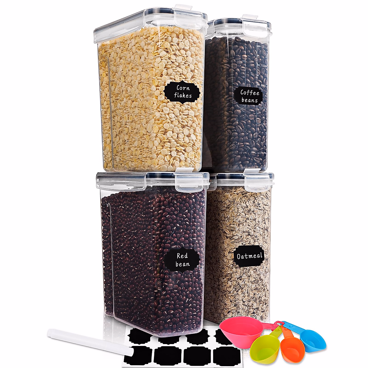 4pcs 4L Cereal Containers Storage Airtight Large Food Storage Containers for Kitchen Organization, 135oz Plastic Cereal Pantry Containers with Measuring Spoons, for Flour, Sugar, Rice