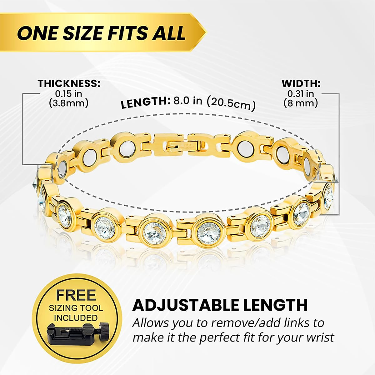 MagnetRX® Women's Magnetic Bracelet – Magnetic Crystal Bracelets for Women – Adjustable Length with Included Sizing Tool (Gold)