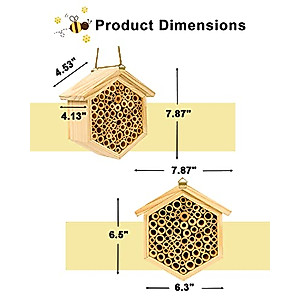Mason Bee House - Handmade Wooden Bee Hotel Natural Bamboo Bee Habitat Hive Bee Box for Carpenter Bee, Garden Gifts, Pollinating Bees, Leaf Cutter Bee
