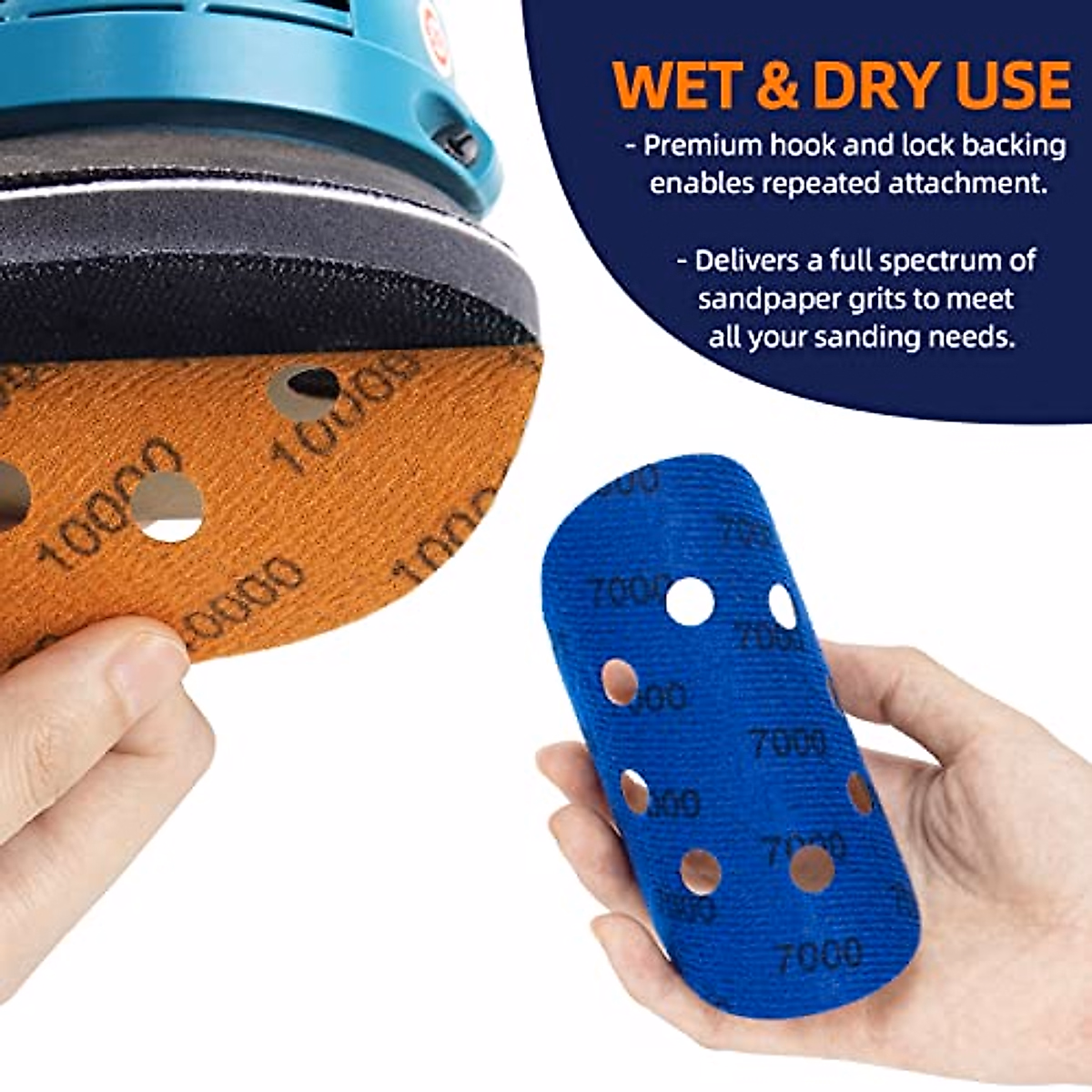 80pcs 5 inch 8 Hole Sanding Discs Hook and Loop 1500/2000/2500/3000/4000/5000/7000/10000 Grits Wet Dry Sandpaper with 2pcs Interface Pad for Random Orbital Sander Automotive Wood Metal Polishing