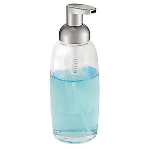 mDesign Modern Glass Refillable Foaming Soap Dispenser Pump Bottle for Bathroom Vanity Countertop, Kitchen Sink - Save on Soap - Vintage-Inspired, Compact Design - 2 Pack - Clear/Brushed