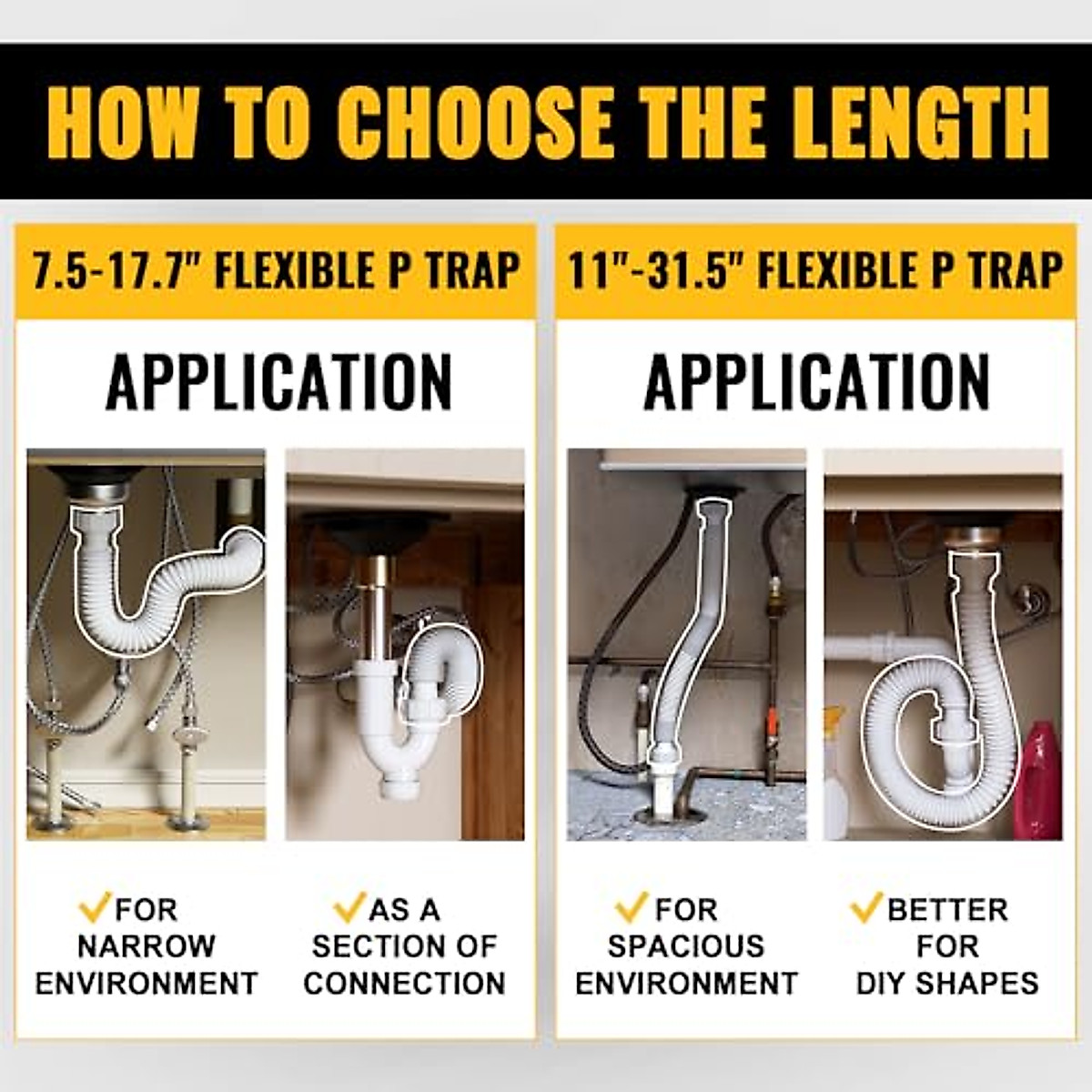 VIVIDA Sink Drain Pipe 1-1/2 inch, Flexible Sink Drain Pipe, 7.5"-17.7" Expandable Flexible P Trap for Bathroom Sink and Kitchen Sink, 1-1/4" Adapter Included, 1 PACK