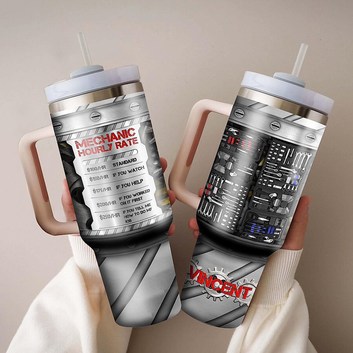 WAZONE Personalized Mechanic 40oz Tumbler with Handle Lid and Straw Customized Name Stainless Steel Insulated Coffee Travel Mug Cup Holiday Birthday Christmas Mechanics Themed Gift for Men Him