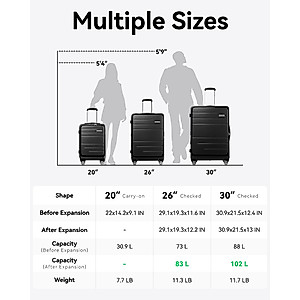 LUGGEX 26 Inch Luggage with Spinner Wheels, Expandable PC Hard Shell Checked Suitcase with Front Opening, Lightweight (Black, 26 Inch)
