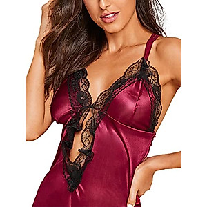 LYANER Women's Sexy Lingerie Nightgown Lace Chemise High Slit Dress Babydoll Sleepwear Wine Red Medium