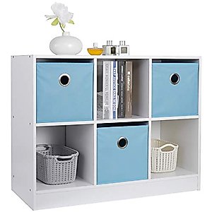 Nouva 3x2 Cubic Organizer 6 Cube Storage Bookcase Wooden Bookshelves Toy Organizers with 3 Non-Woven Bins for Bedroom Living Room, White&blue