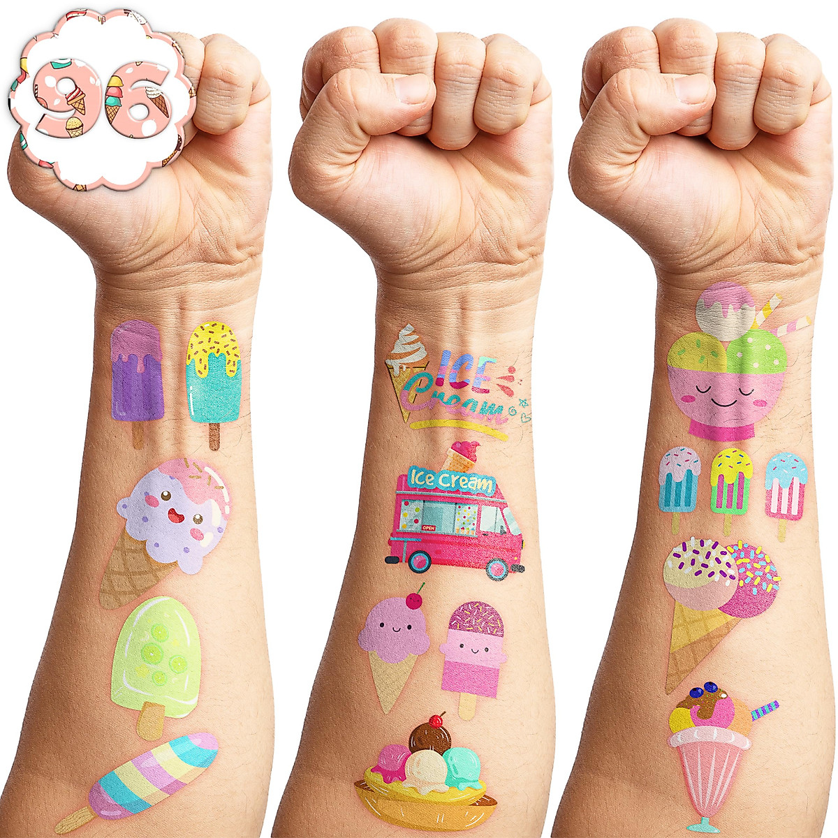 8 Sheets (96PCS) Ice Cream Temporary Tattoos Birthday Party Decorations Favors Tattoos Stickers Cute Party Supplies Kids Girls Boys Gifts Classroom School Prizes Themed