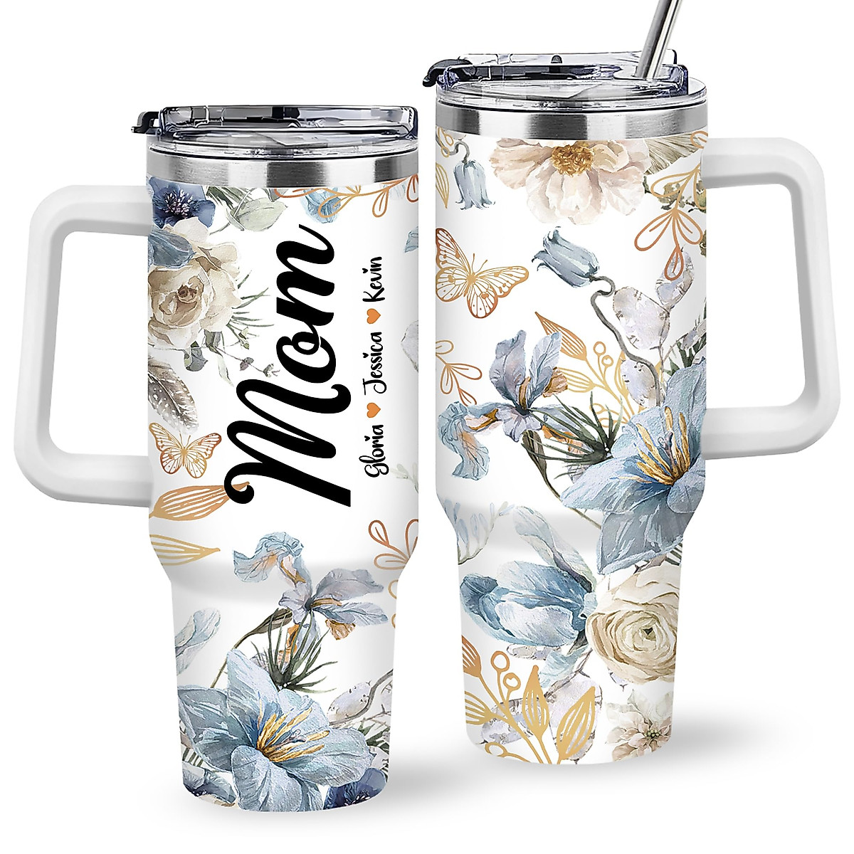 BMYDIY Personalized Mothers Day Birthday Gift for Mom, Customizable 40 Oz Tumbler with Handle Leak-proof Lid and Straw, Custom Extra Large Stainless Steel Insulated Cup/Coffee Mug/Travel Mug with Name