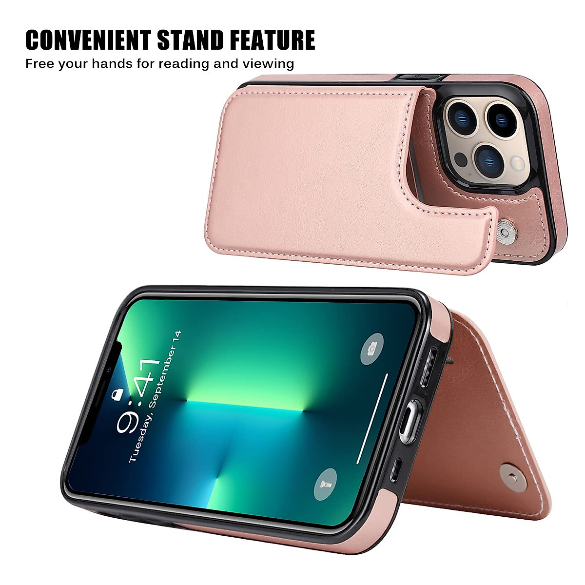 JOYAKI Wallet Case Compatible with iPhone 13 Pro Max,Slim Protective case with Card Holder,PU Leather Kickstand Card Slots Case with a Free Screen Protective Glass for iPhone 13 Promax(6.7")-Rose Gold
