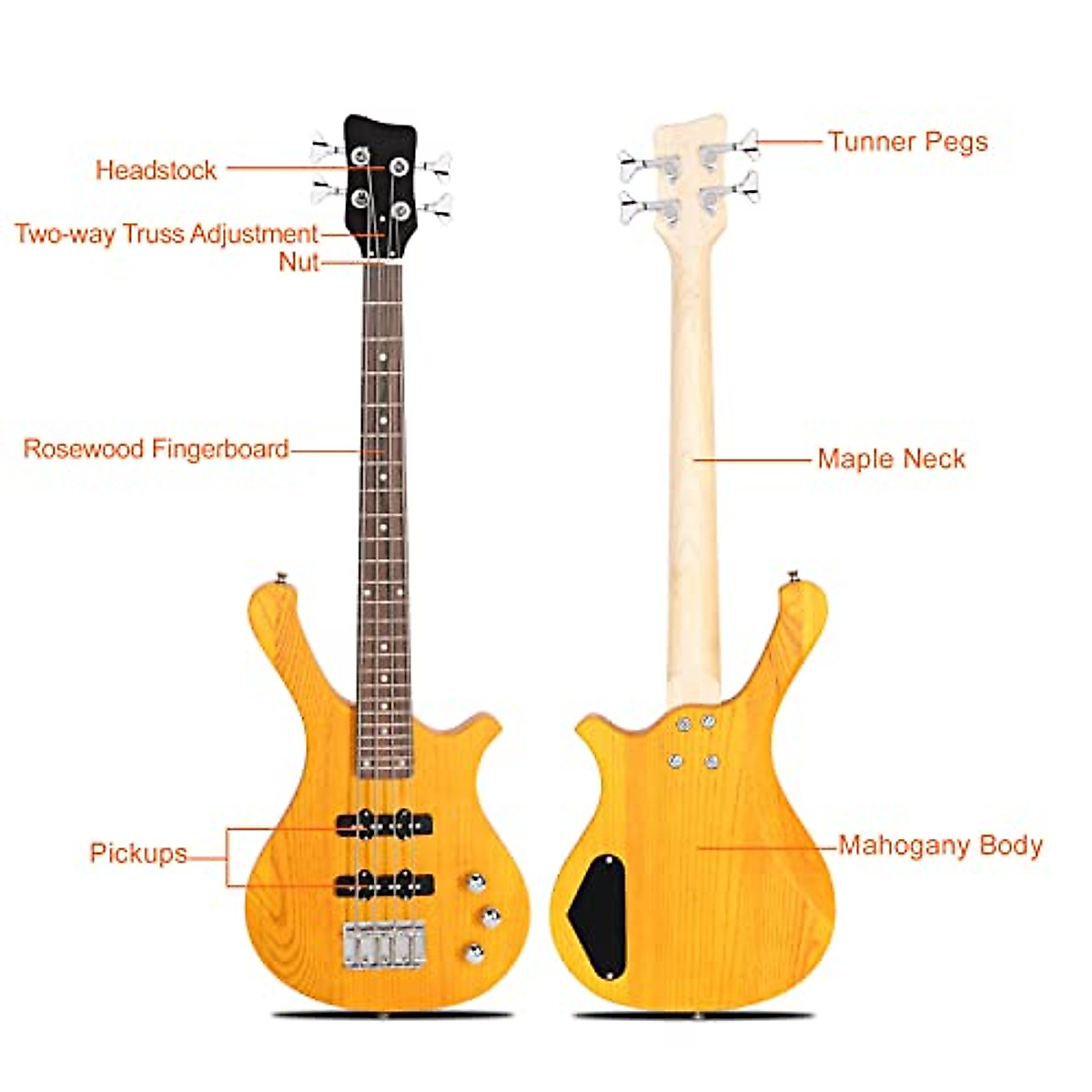 Ktaxon 4 String Electric Bass Guitar, 36-inch Bass Guitar Kit with Split single-coil Pickup, Rosewood Fretboard, Mahogany Body for Kids, Boy and Girl(Yellow)