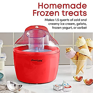 Americana EIM-1400R 1.5 Qt Freezer Bowl Automatic Easy Homemade Electric Ice Cream Maker, Ingredient Chute, On/Off Switch, No Salt Needed, Creamy Ice Cream, Gelato, Frozen Yogurt, Sorbet, Recipe Book