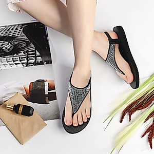 Teezerber Women's Yoga Mat Flat Sling Sandals Slingback Rhinestone Flip Flops Sandal Black White 9