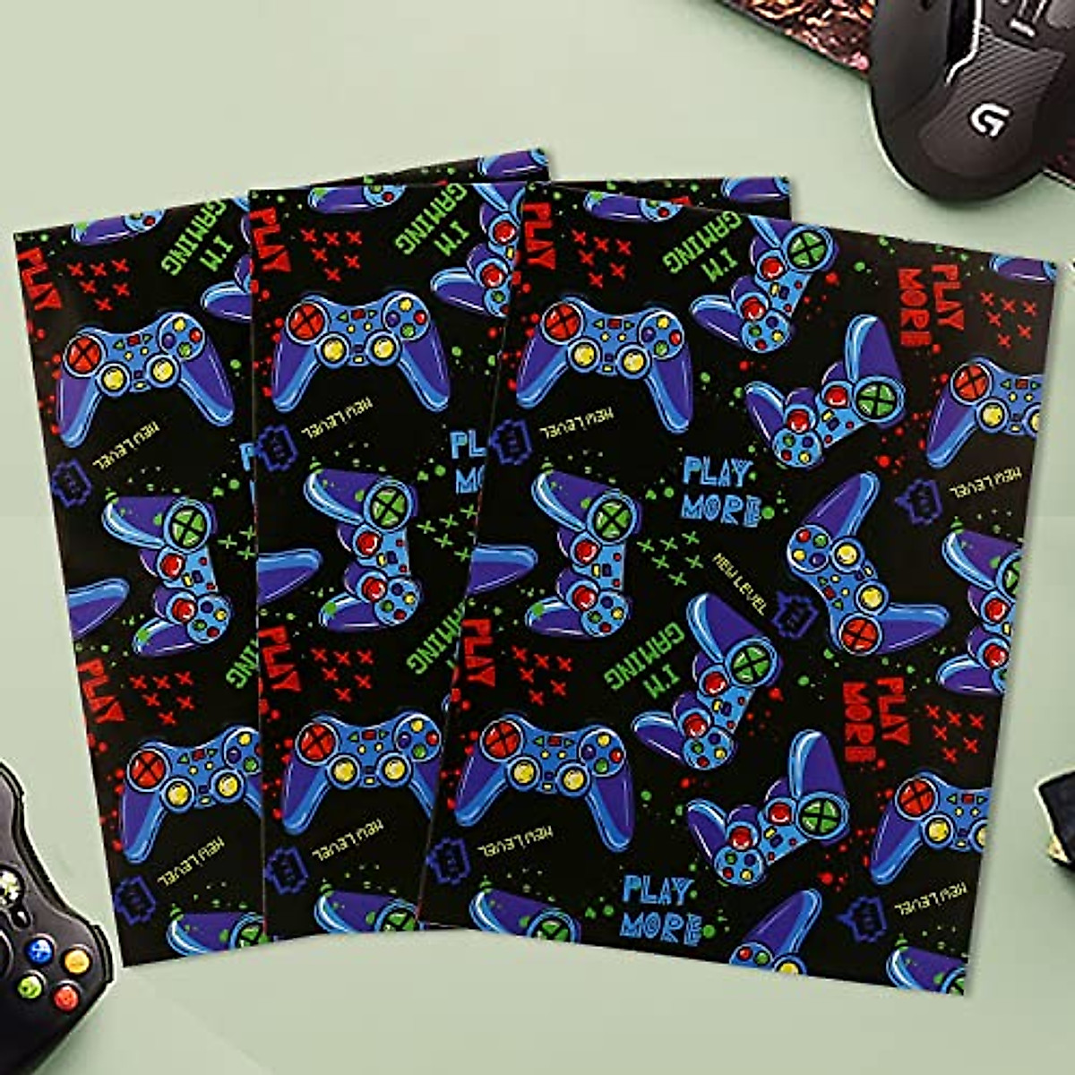 BULKYTREE Gaming Wrapping Paper with Cut Lines for Kids Boys Girls Men Birthday Holiday Party - 3 Large Sheets Video Game Gift Wrap “I'M Gaming”, Gamepad, “Play Game” Gift - 27 Inch X 39.4 Inch Per Sheet