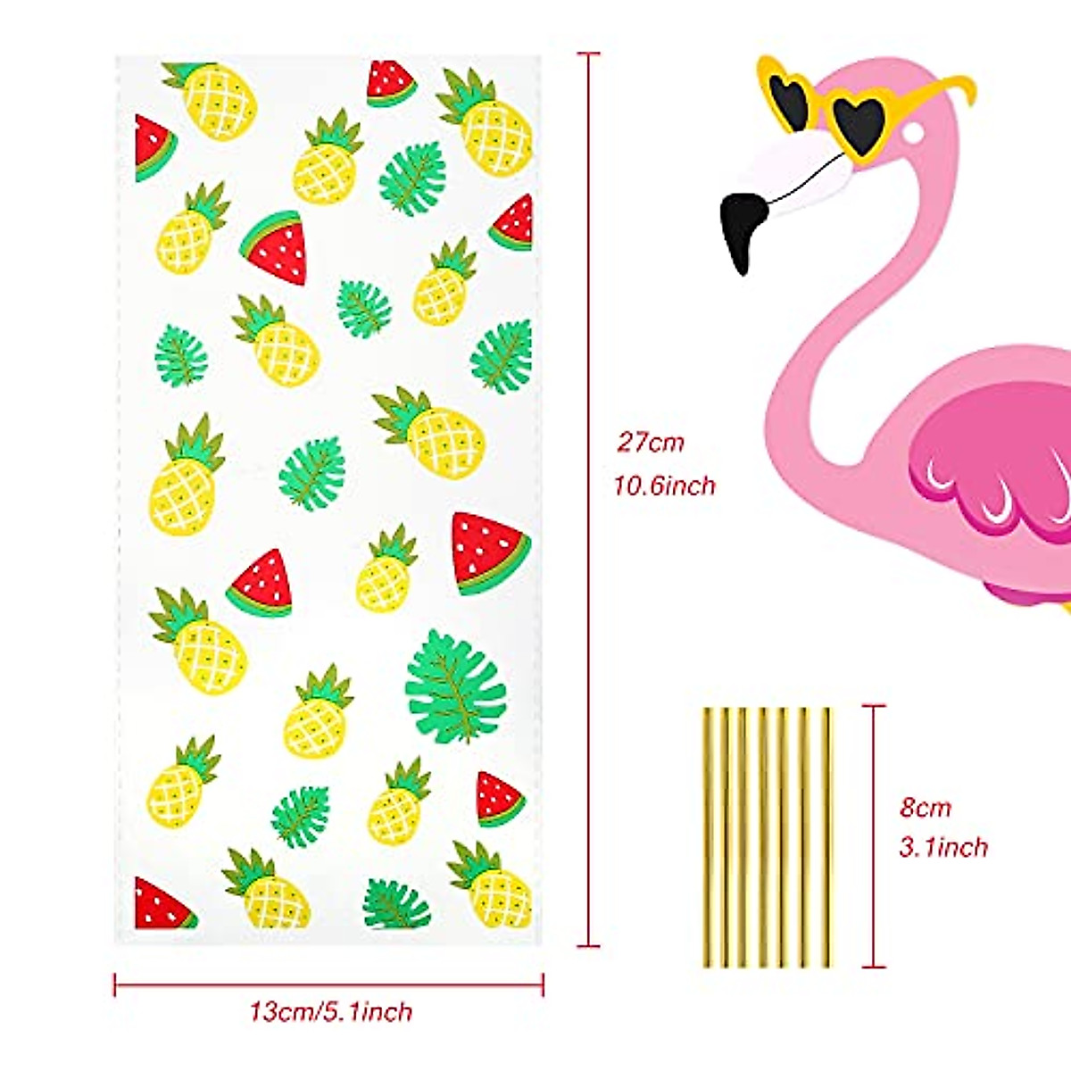 Kesote 100 Pieces Hawaiian Tropical Cellophane Treat Bags, Clear Pineapple Flamingo Goodie Candy Snack Bags Bulk with Twist Ties for Hawaiian Tropical Luau Summer Tiki Bar Party Favor Supplies