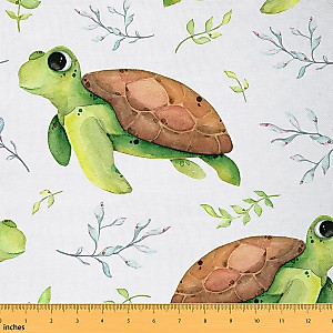 Cute Sea Turtles Fabric by The Yard Watercolor Cartoon Wild Sealife Decor Fabric for Kids Boys Girls Outdoor Natural Leaves Rustic Style Fabric for Bed Outdoor Indoor DIY Projects 1 Yard