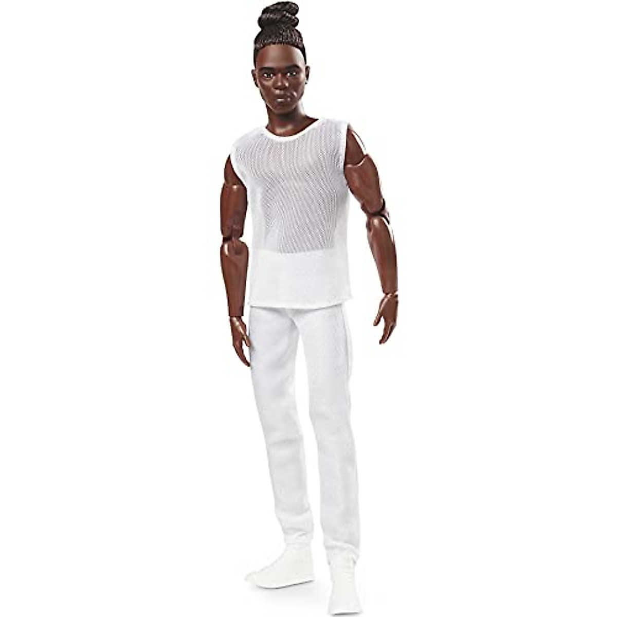 Barbie Signature Looks Ken Doll (Brunette with Braids & Bun Hairstyle) Fully Posable Fashion Doll Wearing White Shirt & Pants, Gift for Collectors