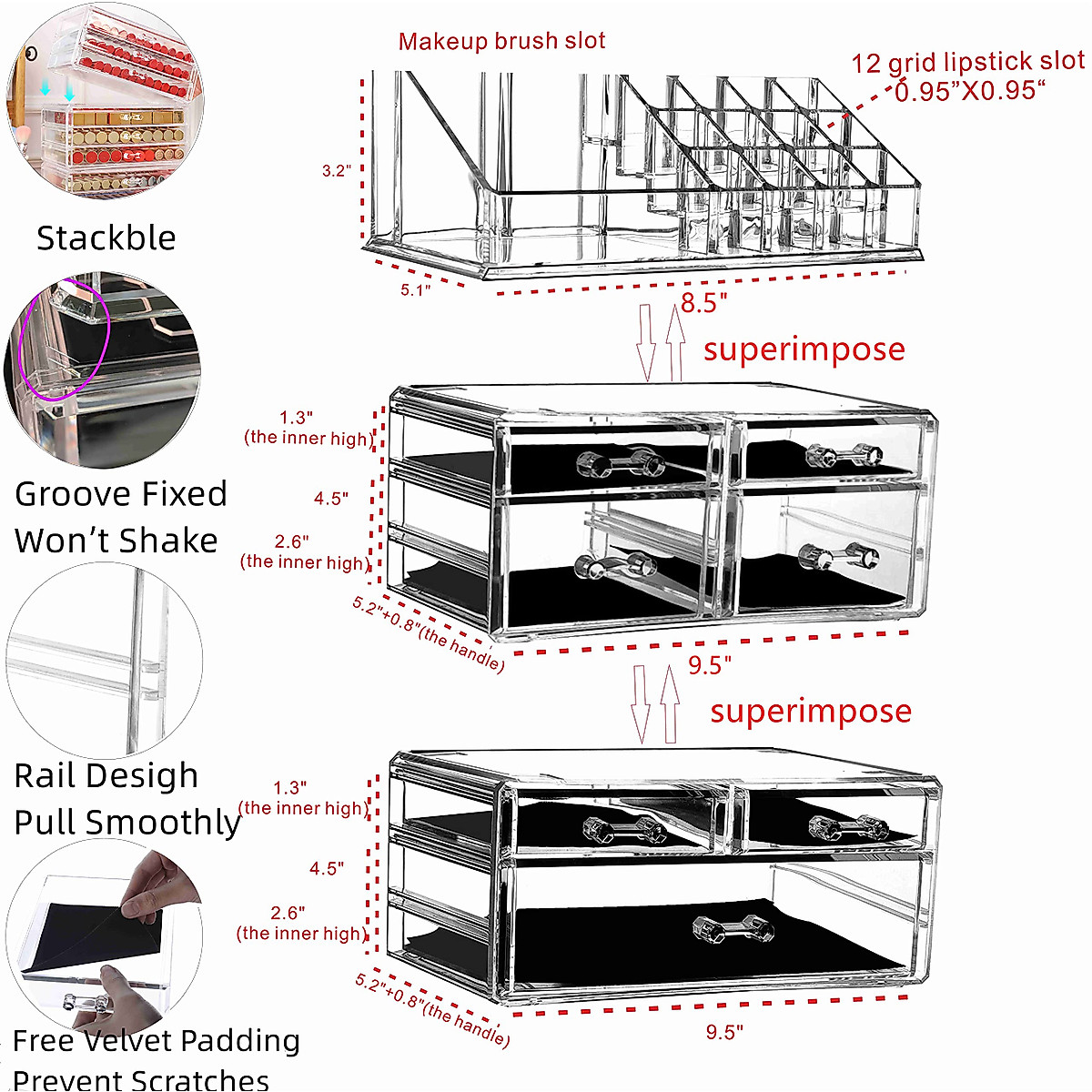 Cq acrylic 3 Pack Clear Makeup Storage Organizer,Stackable 7 Drawers Make up Organizers,Cute Desk Organizer for Vanity Jewelry,Hair Clip,Beauty,Skincare Product Bathroom Counter Organizers and Storage