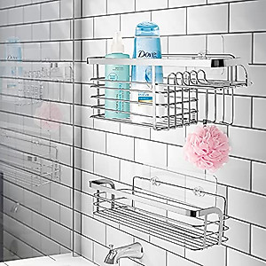 Shower Caddy Adhesive Shower Organizer with Hooks&Soap Holder,No Drilling Stainless Steel Bathroom Organizers,Rustproof Wall-Mounted Shower Shelf for Inside Shower Rack,Bathroom-2 Pack(Silver)
