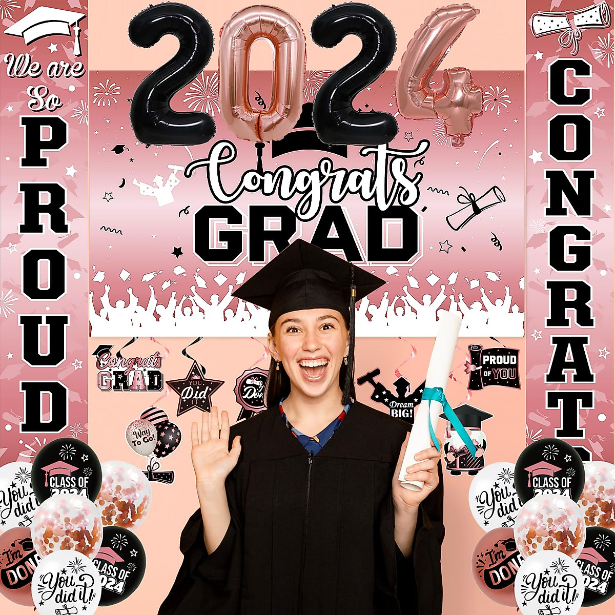 2024 Pink Graduation Decorations, Pink Graduation Banner Class of 2024 Pink and Black Graduation Party Supplies Balloons Graduation Photo Props Decorations Class of 2024 Pink Congrats Grad 2024