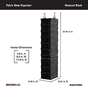 ClosetMaid 20502 10-Shelf Fabric Hanging Closet Organizer for Shoes, Hats, Handbags, Clothes with Charcoal Black Finish