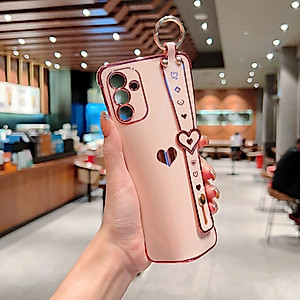 DEFBSC Compatible with Samsung Galaxy A14 5G Case, Electroplated Edge Love Heart Case with Wrist Strap, Full Camera Protection Raised Reinforced Corners Shockproof Soft TPU Cover, Pink