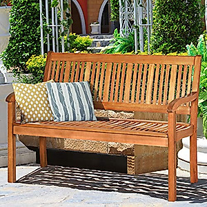 Tangkula Outdoor Wood Bench, Two Person Solid Wood Garden Bench w/Curved Backrest and Wide Armrest, Large Bench for Patio Porch Poolside Balcony, 50" L x 25" W x 36" H (Natural)