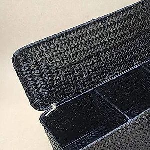 Cusstally 3 Compartment Storage Box Wicker Rattan Basket with Cover Sundries Holder Case Container Desktop Organizer