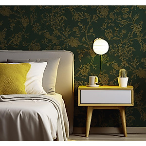 Safiyya 118"x17.3" Peel and Stick Wallpaper Gold and Dark Green Contact Paper Floral Birds Wallpaper Boho Wallpaper Removable Wallpaper Floral Wallpaper for Bedroom