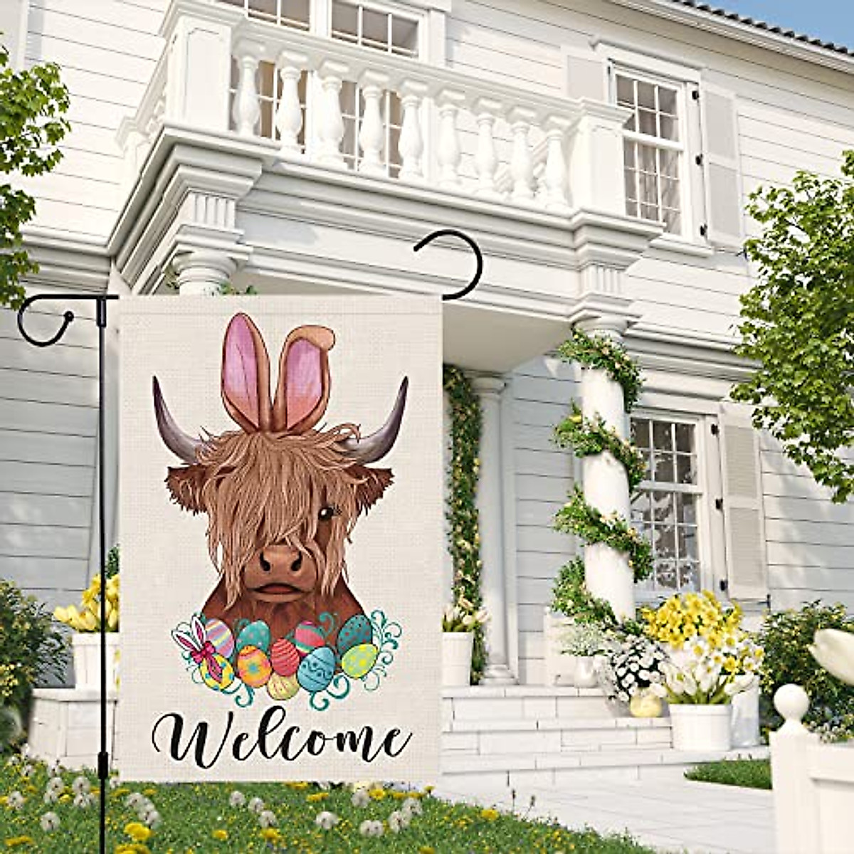 Happy Easter Garden Flag 12x18 Double Sided Burlap, Small Vertical Easter Highland Cow Welcome Garden Yard Flags for Spring Outdoor Outside Decoration (Only Flag)