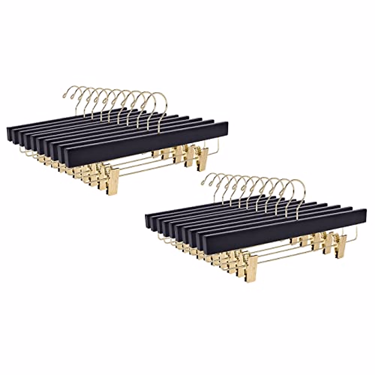 Quality Hangers Black Wooden Pants Hangers - 20-Pack Swivel Hook Cloth Hanger Set - Lotus Wood Skirt, Pant, Shorts and Slack Hangers with Adjustable Clip – Black Clothing Hanger (Gold Hook, 20)
