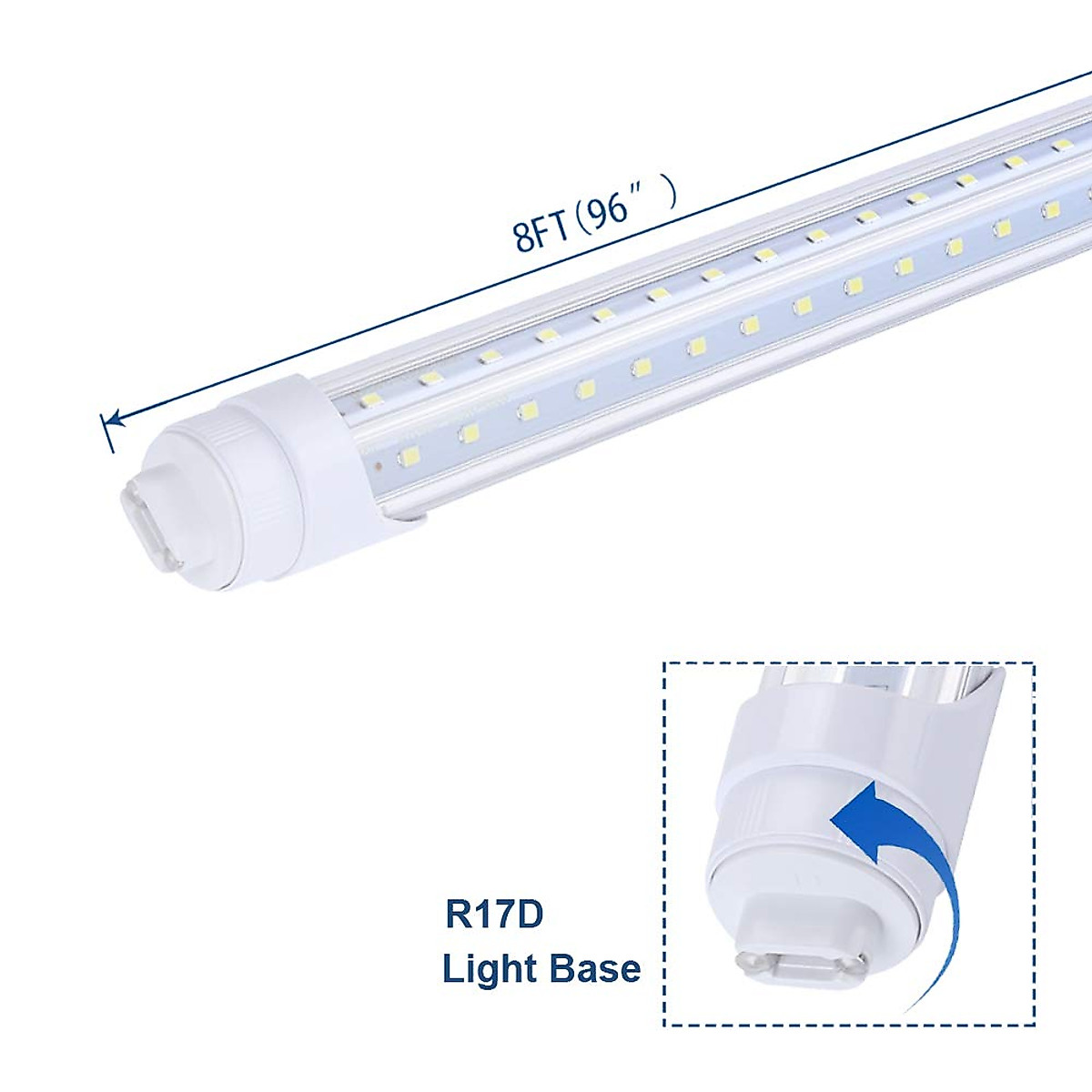4Pack R17d V shaped Rotatable 2pin base 8 foot led bulbs Double Row 65W,Need Bypass Ballast,Replace 150W Fluorescent Shop Lights Dual-Ended Power, Cold White 6000K,clear Cover, AC 90-277V