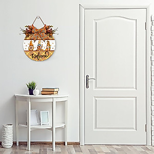 Thanksgiving Door Sign Wreath Welcome Fall Door Sign 12in Wooden Autumn Sign with Bowknot Fall Gnomes Decoration for Home Front Door Porch Thanksgiving Hanging Sign