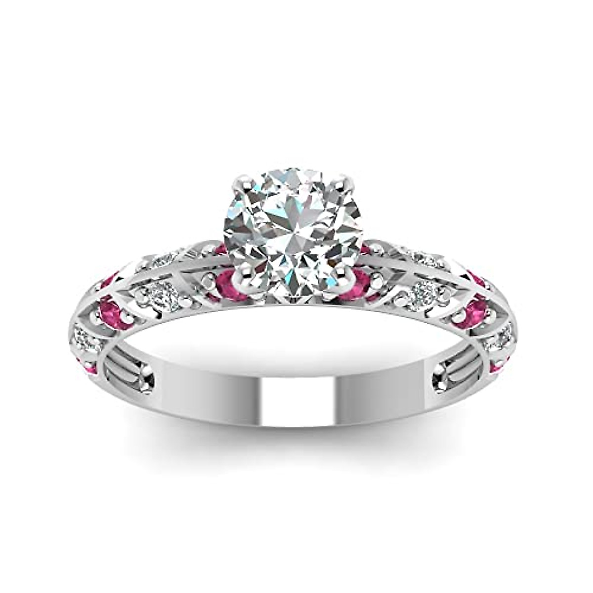 55Carat Pave Knife Edge Ring sterling silver Created Pink Sapphire Round shape Pink color Side Stone Engagement Rings pave Setting in Size 12 Minimal Surprise Gifts for Ladies