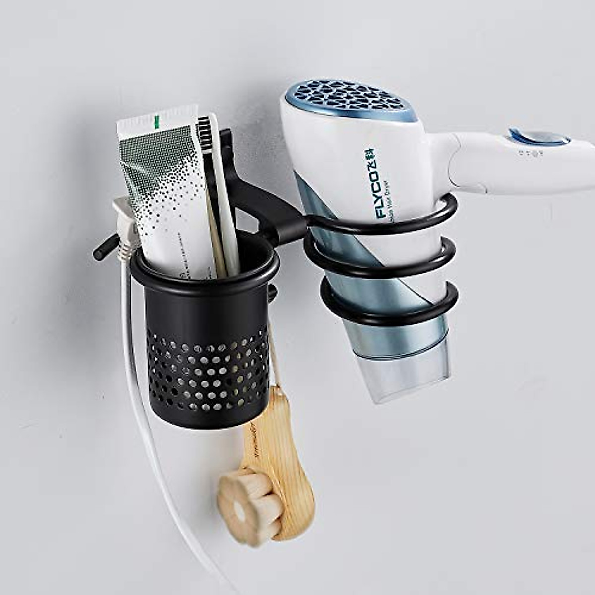 Adhesive or Drill Hair Dryer Holder Make up Brush Comb Organizer Shelf Matte Black