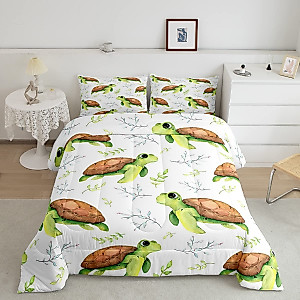 Kids Sea Turtle Comforter Set Twin Green Ocean Animal Bedding Set for Boys Girls, Watercolor Tortoise Bedding Comforters & Sets Green Leaves Duvet Set, Marine Aqua Reptile Quilt Comforter Soft 2pcs