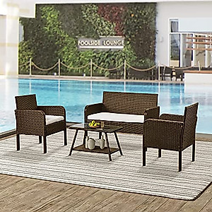 SAWQF 4 Pcs Patio Furniture Set Outdoor Rattan Sofa Seating Group Include 1 Sofa 2 Chair 1 Coffee Table Beige/Blue Cushions (Color : E)