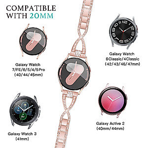 G-ficu Galaxy Watch 7 6 5 4 band, 20mm X-Shape Band for Samsung Watch 4 5 6 7 Bands 40mm 44mm, Women Bling Diamond Metal Band for Watch 4 6 Classic/Watch FE/5Pro/Watch 3 41mm/Active 2-Rose Gold