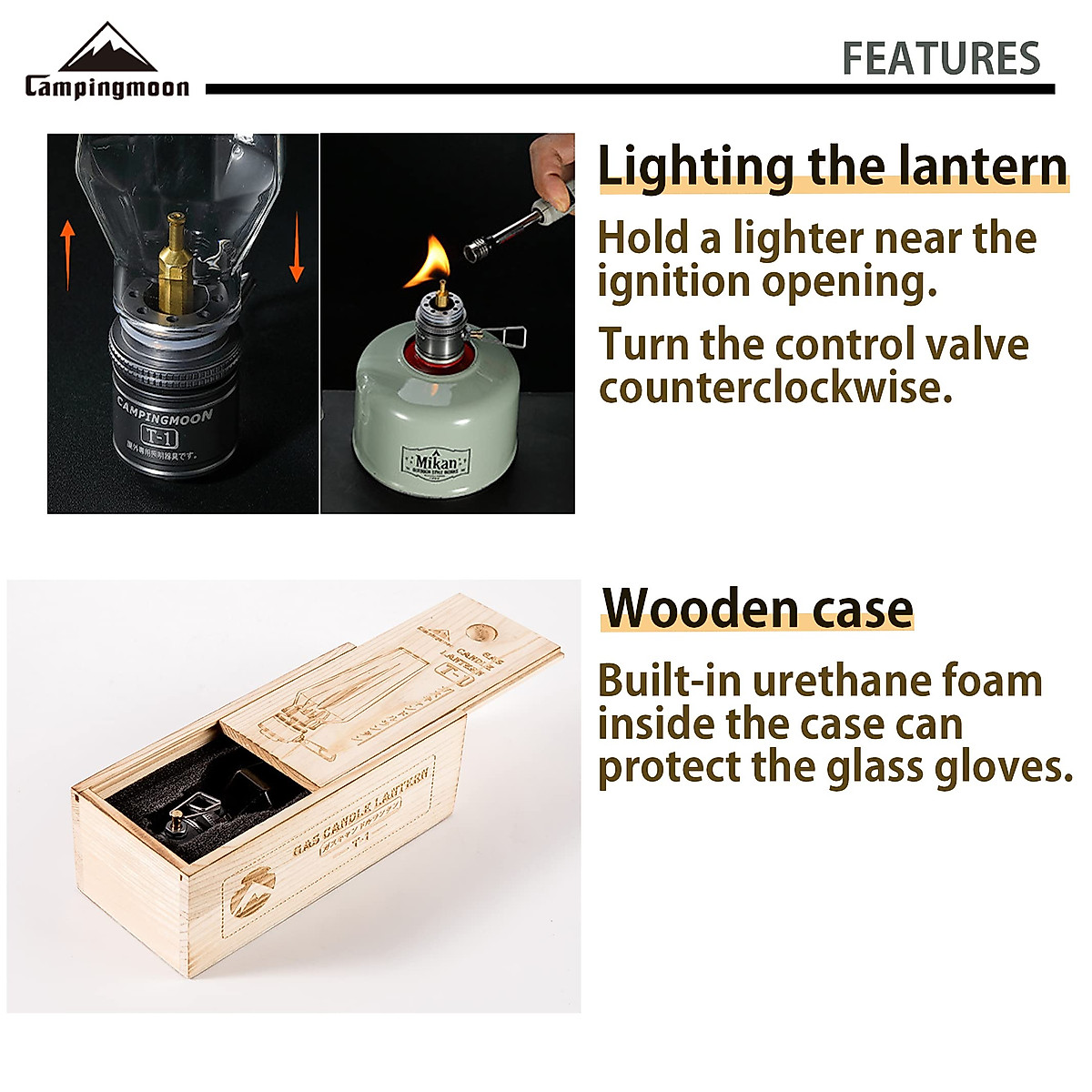 CAMPINGMOON Camping Gas Lantern with Wooden Lantern Case T-1